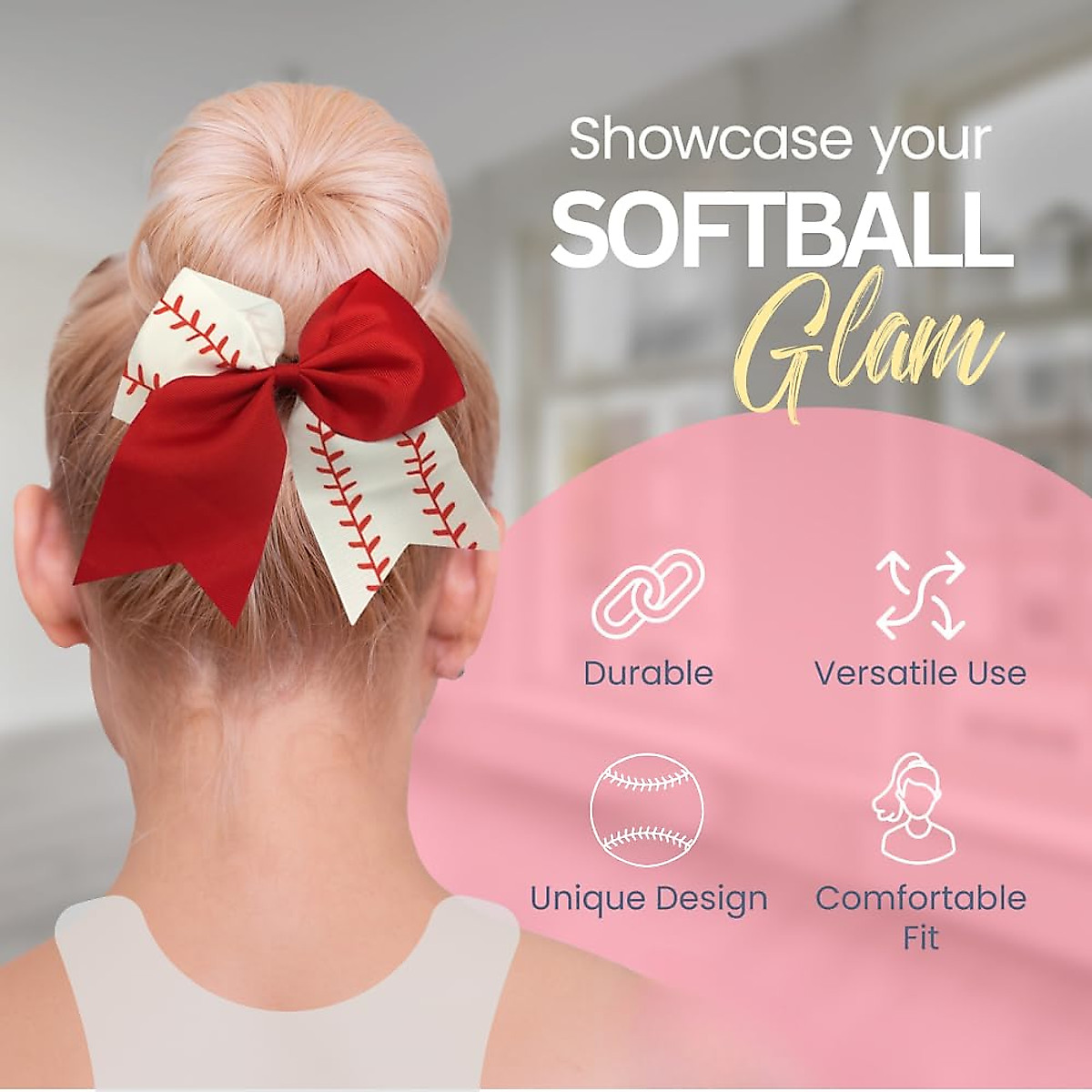 Sportybella - Baseball Stitch Hair Accessories for Girls - Red and White Softball Print Hair Bows, Ponytail Holders Gift Set - 6.5"