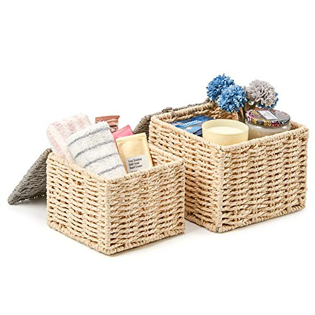 EZOWare Pack of 4 Paper Rope Wicker Storage Baskets with Lid, Lidded Woven Braided Organizer Cube Bins Boxes for Baby Kids Toy Nursery Room Home Closet - Beige and Gray