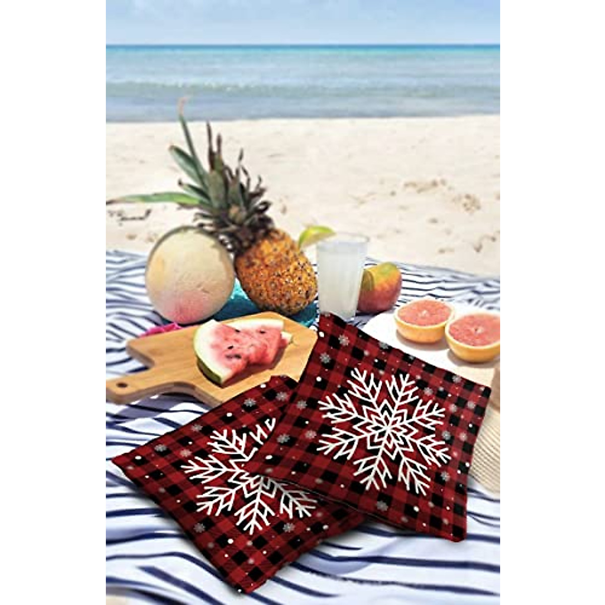 Outdoor Waterproof Throw Pillow Covers Set of 2,Christmas Snowflake Plaid Red Outdoor Pillow Covers Decorative Cushion Covers for Patio Funiture Garden,18 x 18 Inches,Winter Rustic Buffalo Checkered