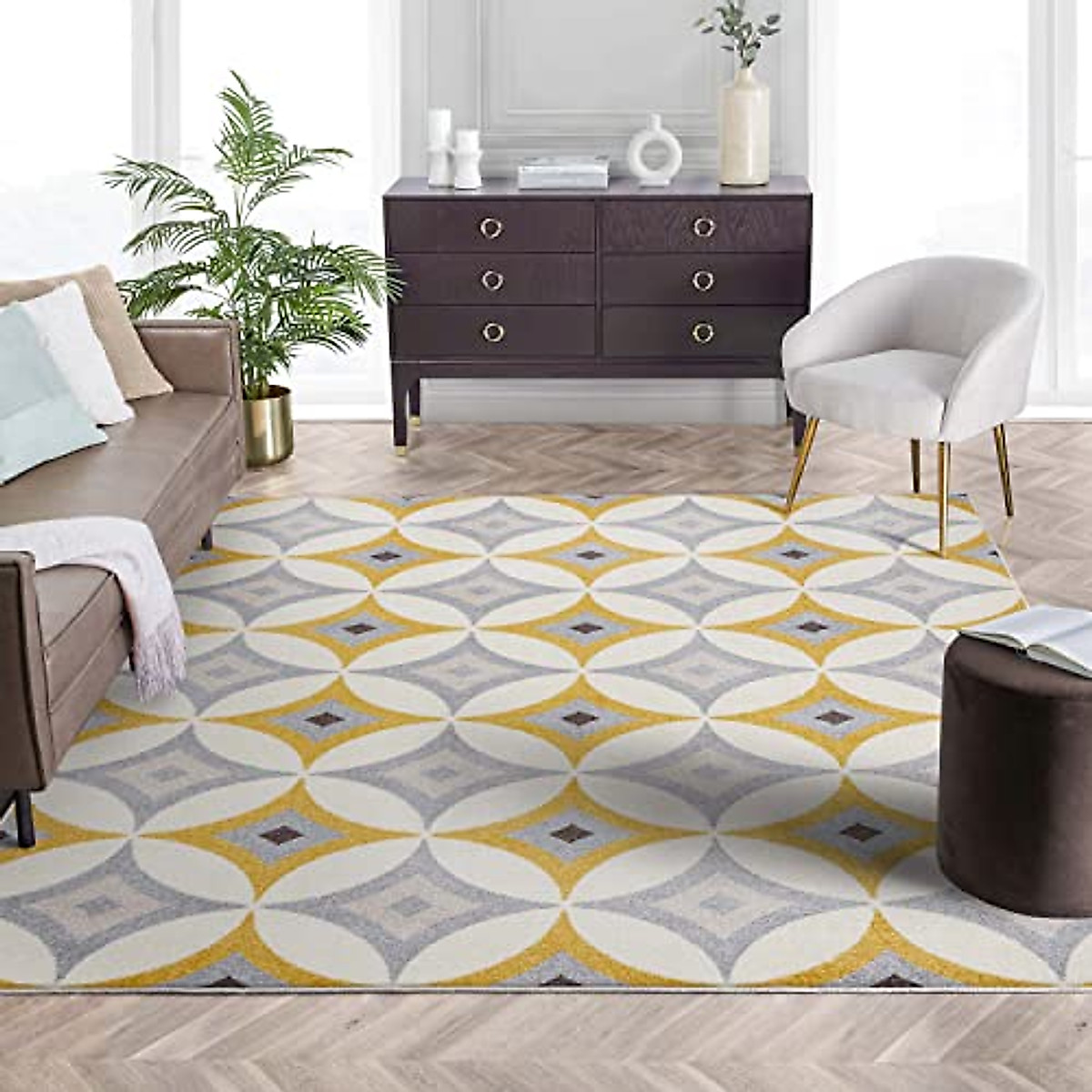 Well Woven Mystic Perla Gold Modern Geometric 5'3" x 7'3" Distressed Area Rug, 5 ft (3 in) x 7 ft (3