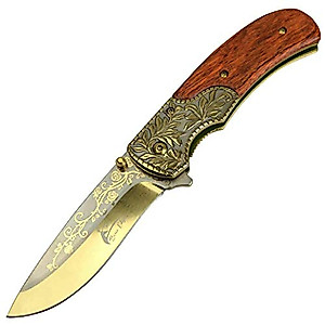 8.25" Gold Floral Rose Etch Spring Assisted Folding Tactical Pocket Stainless Steel Blade Knife