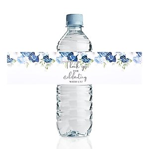 URROMA Wedding Water Bottle Labels, 50 Pcs Thank You White and Blue Rose Water Bottle Wraps Water Bottle Stickers for Birthday Baby Shower