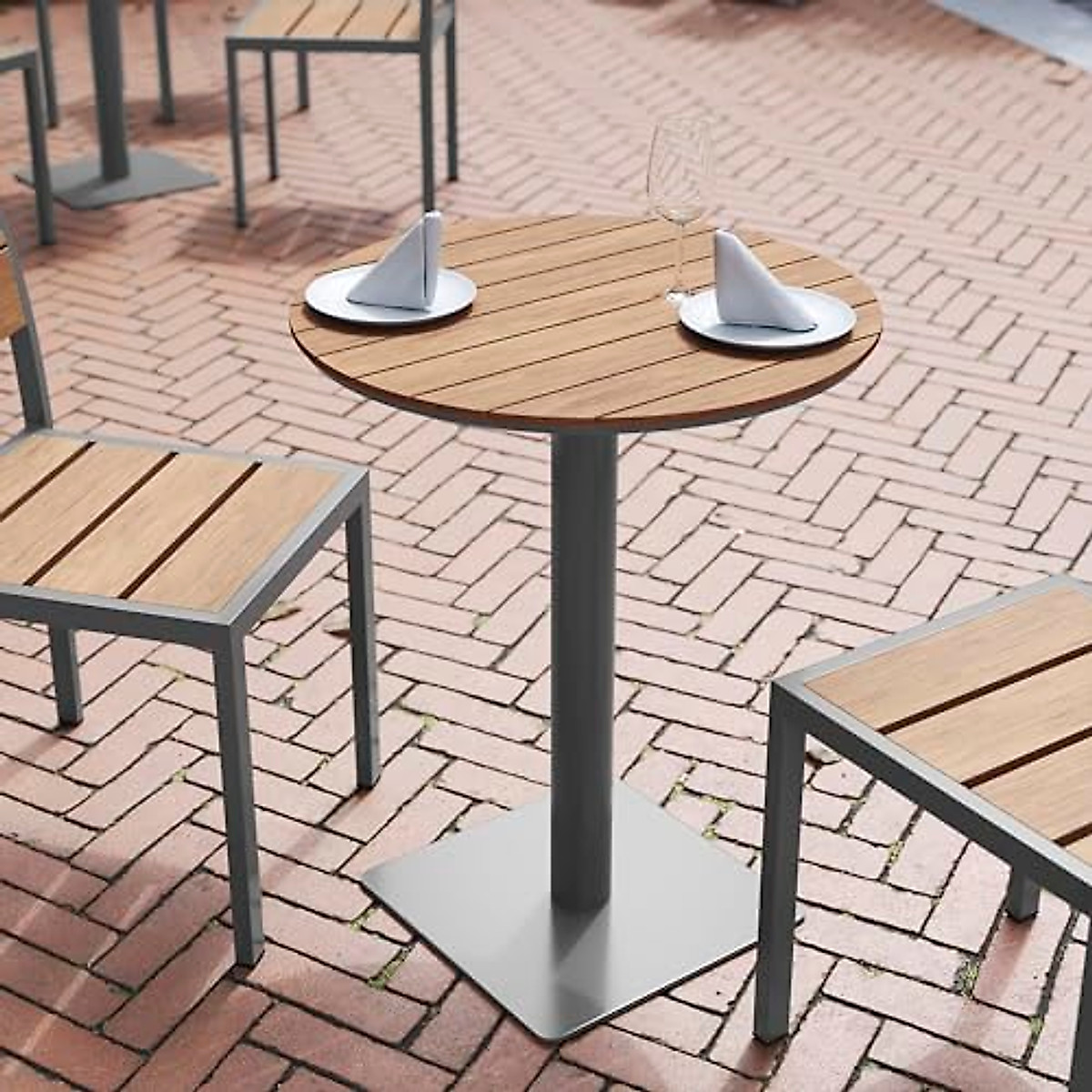 Flash Furniture Finch Commercial Grade Round 24" Table with Faux Teak Poly Slats and Steel Frame, Natural/Gray
