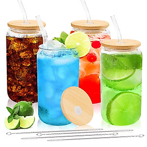 Joyclub Glass Cups with Bamboo Lids and Straws 4 Set 16 oz Reusable Iced Coffee Cup Beer Can Drinking Jars for Smoothie Whiskey Boba Soda Tea Gift