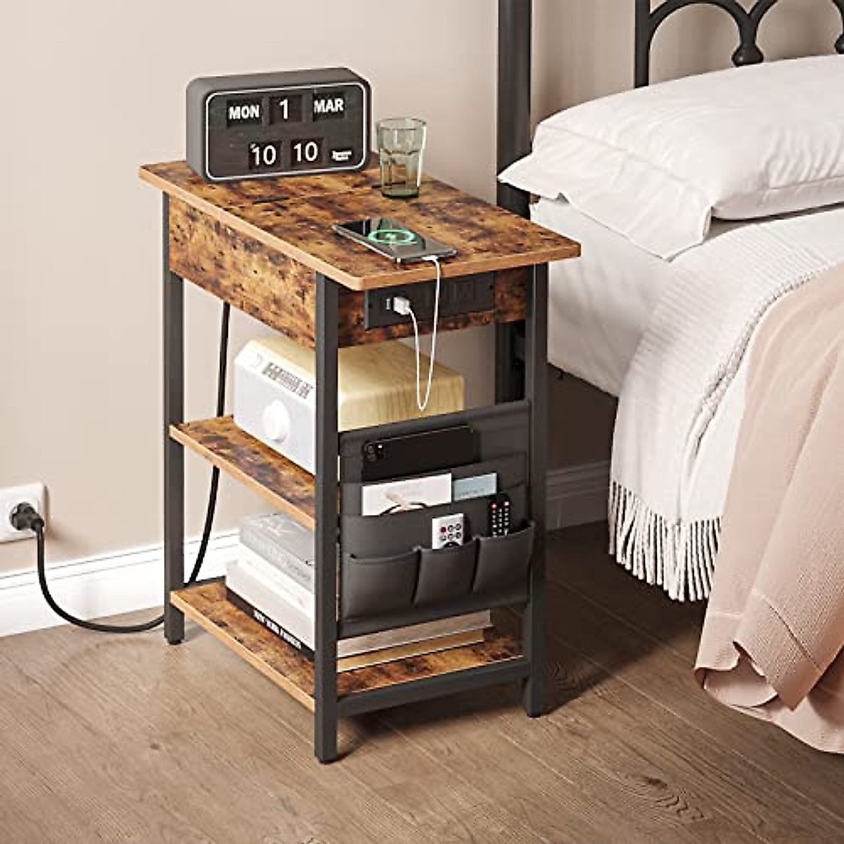 TUTOTAK End Table with Charging Station, Side Table with Storage, Flip Top Bedside Table with USB Ports and Outlets, Nightstand for Small Spaces, Sofa Table TB01BB051