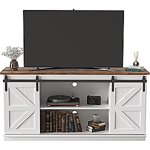 JUMMICO Farmhouse TV Stand up to 65 Inches, Mid Century Modern Entertainment Center with Sliding Barn Doors and Storage Cabinets, Metal Media TV Console Table for Living Room Bedroom (Bright White)
