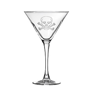 Rolf Glass Skull and Cross Bone Martini Glass - Set of 2 Stemmed 10 ounce Martini Glasses - Lead-Free Glass - Etched Cocktail Glasses - Made in the USA