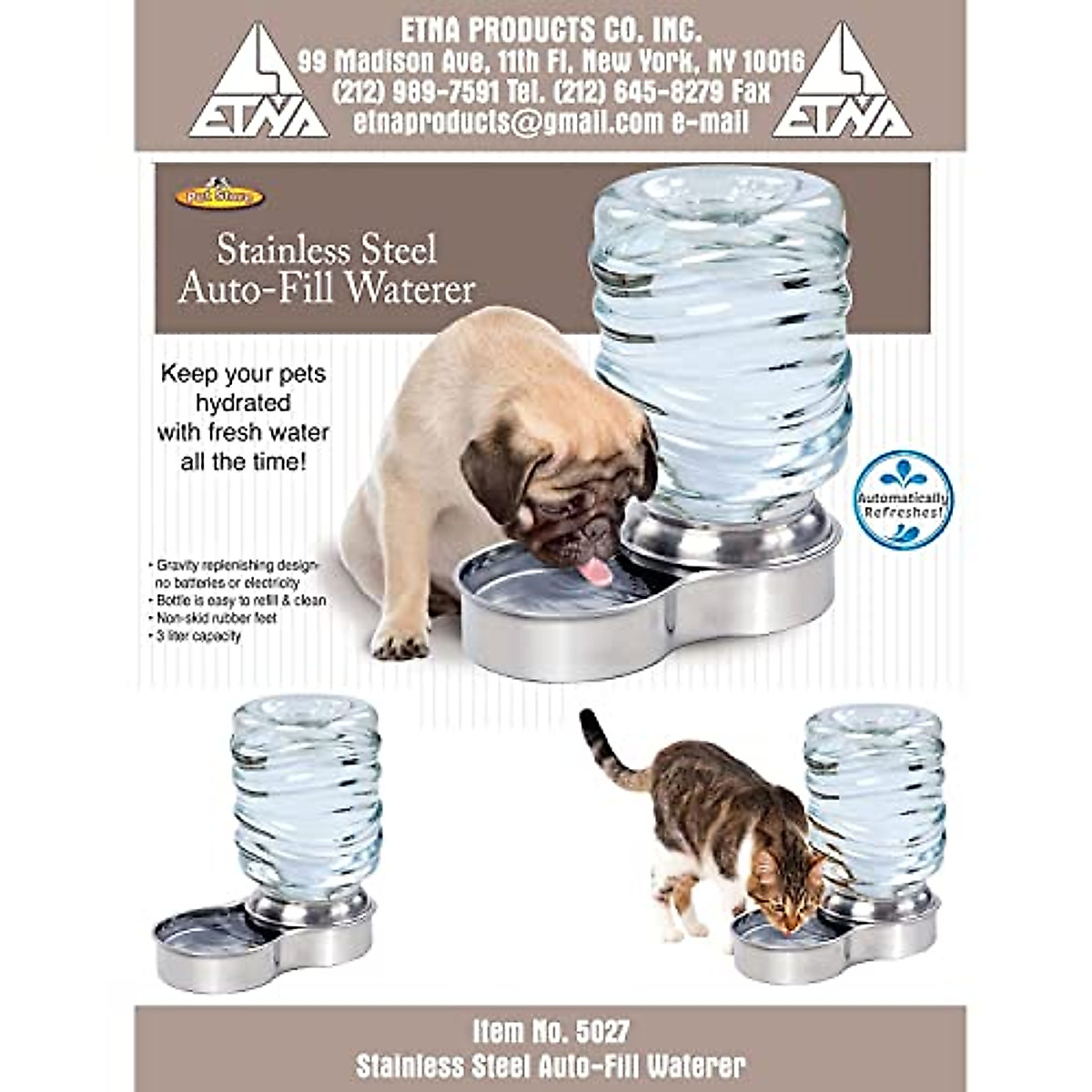Etna Stainless Steel Pet Dog Cat Water Fountain Bowl, Holds 3 Liters
