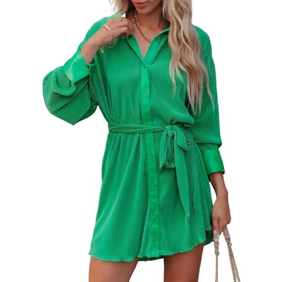 Dokotoo Ladies Long Sleeve Shirt Dresses for Women 2023 Elegant Fall Satin Collared Lapel V Neck Button Down Teacher Cothes Pleated Swing Solid Comfort Ribbed Mini Short Dress with Belt Green X-Large