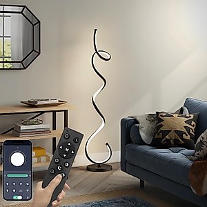FCTWAKS Modern Floor Lamps for Living Room, LED 54" Tall 30W Black Spiral Corner Floor Lamp with Remote, 3 Color Temperature, Stepless Dimmable, Bright Standing Lamp for Bedroom Home Office Deco