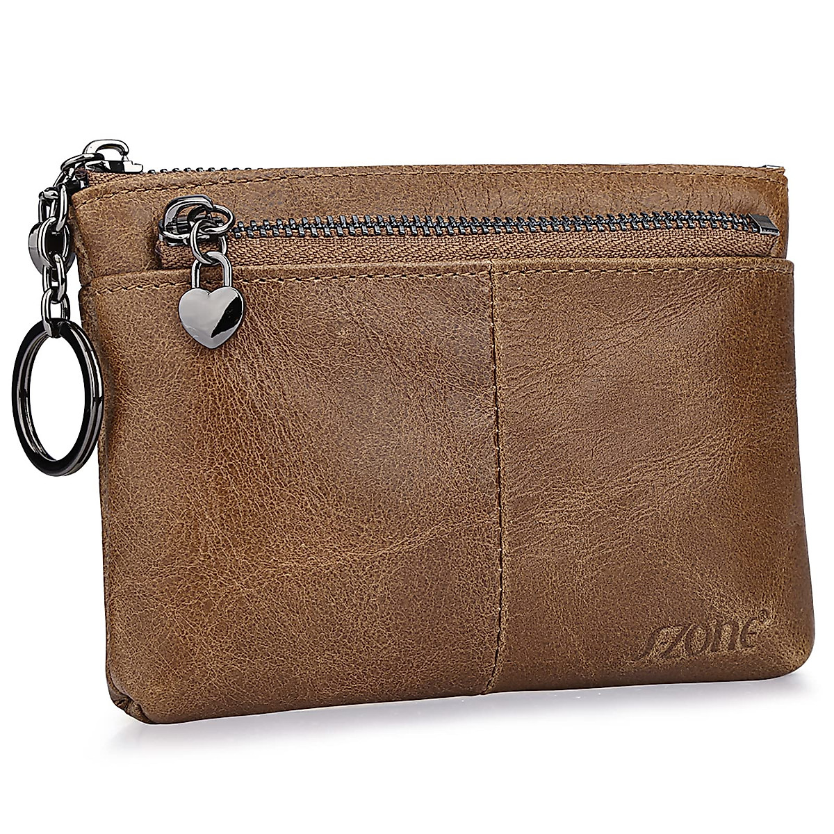 S-ZONE Genuine Leather Coin Purse Women Small Change Wallet Pouch Card Holder with Keychain Gift Box
