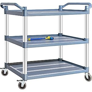 BRLJUNEO Plastic Utility Carts with Wheels, 3-Tier Large Size Restaurant Food Cart, Heavy Duty 600lbs Capacity Rolling Service Cart w/Hammer for Commercial, Kitchen, Office (Lockable Wheels, L-Grey)