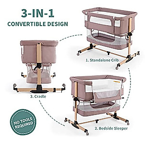 Lamberia Baby Bassinet, Bedside Sleeper Adjustable Bedside Crib with Storage Basket, Easy Folding Portable Baby Bed for Infant/Newborn (Khaki)