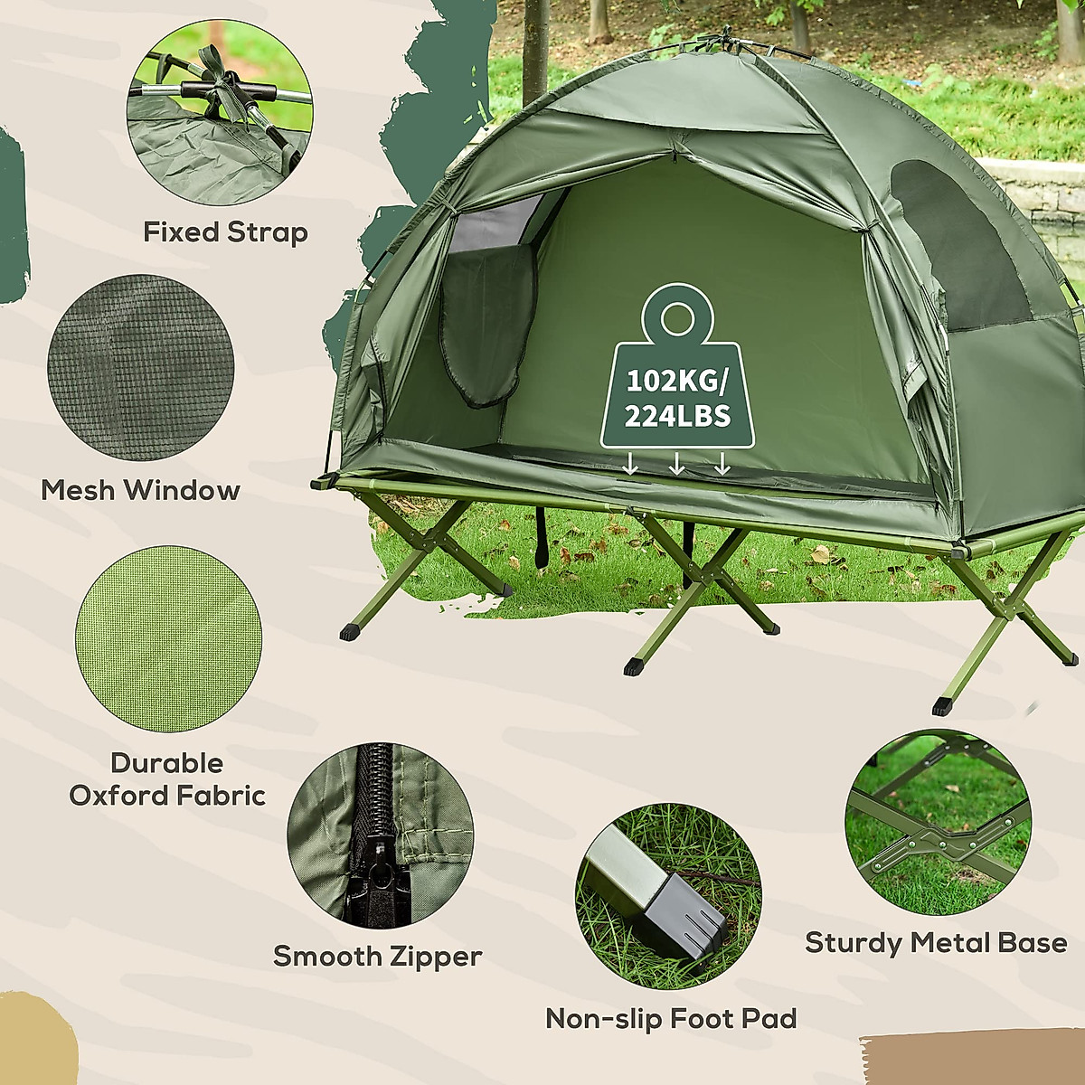 Outsunny Camping Tent Cot, Single Person Folding Cot Combo, Off-Ground Tent, Covered Outdoor Bed with Carry Bag for Hiking, Camping