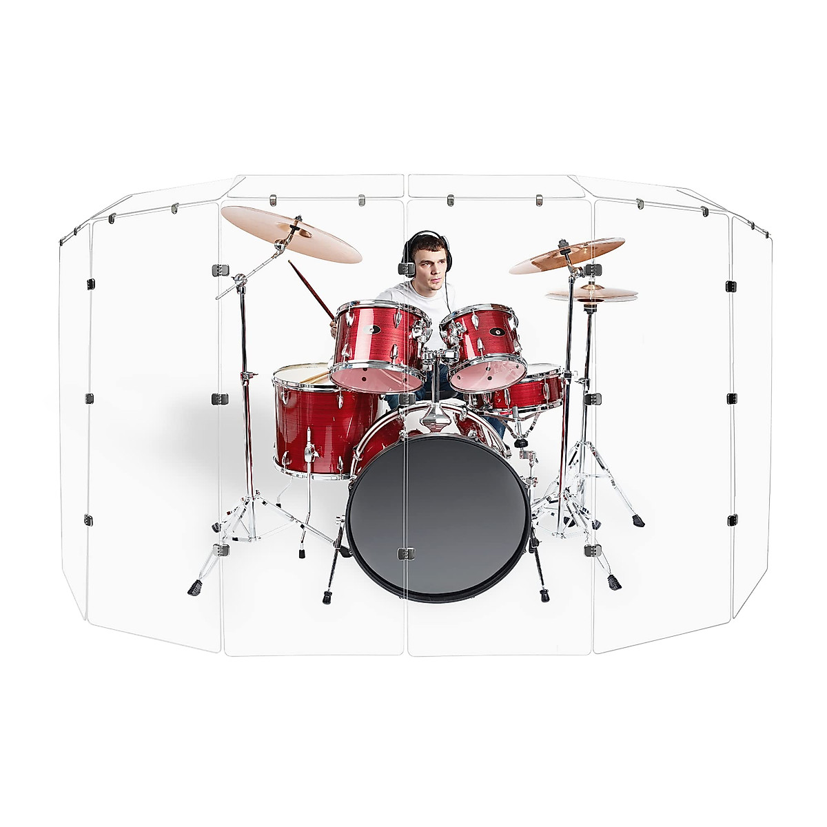 PENNZONI Drum Shield 5ft w/Deflectors & Chrome Hinges, Comes w/ 6 Drum Panels, 6 Deflectors, Chrome Hinges & Deflector Connectors, Premium Clear Acrylic Panels