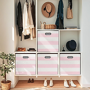13x13 Collapsible Storage Bins, Cubby Storage Boxes with Handles for Organizing Shelf Closet, Offices, Home Decor, 4 Pack, Pink-white Stripes