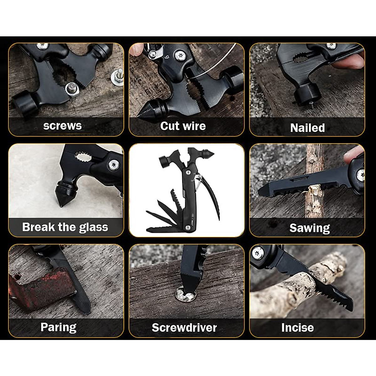 Hammer Multitool with Knife Saw, Wire Cutter, Pliers, Sheath for Fishing, Camping and Survival