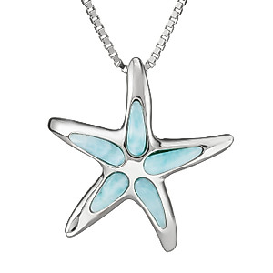 Aloha Jewelry Sterling Silver Natural Larimar Starfish Necklace Pendant with 18inch Box Chain blue ALA0788101