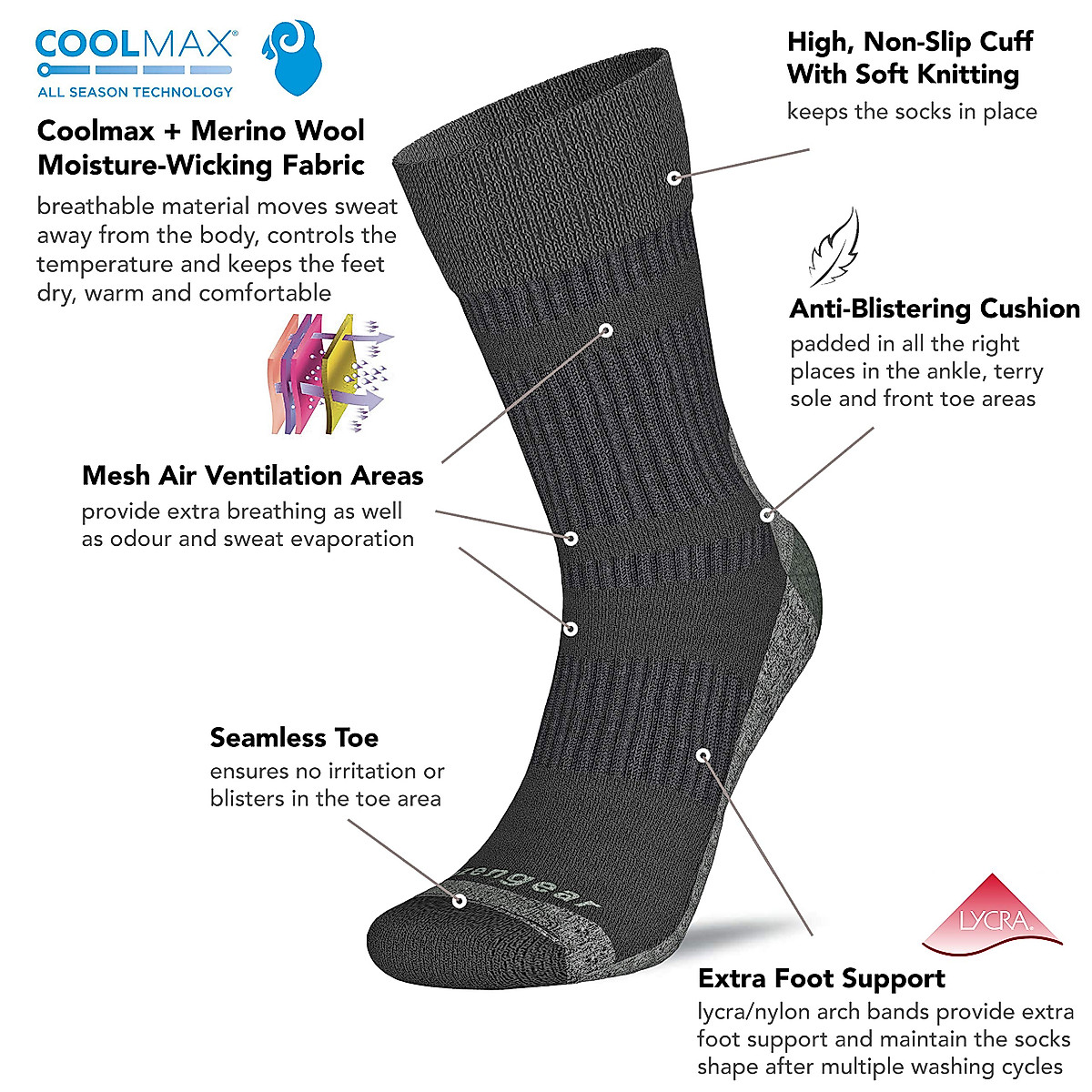 aZengear Premium Coolmax Merino Wool Hiking Socks for Men & Women - Trekking - Seamless Toe - Cushioned - Breathable & Soft - L
