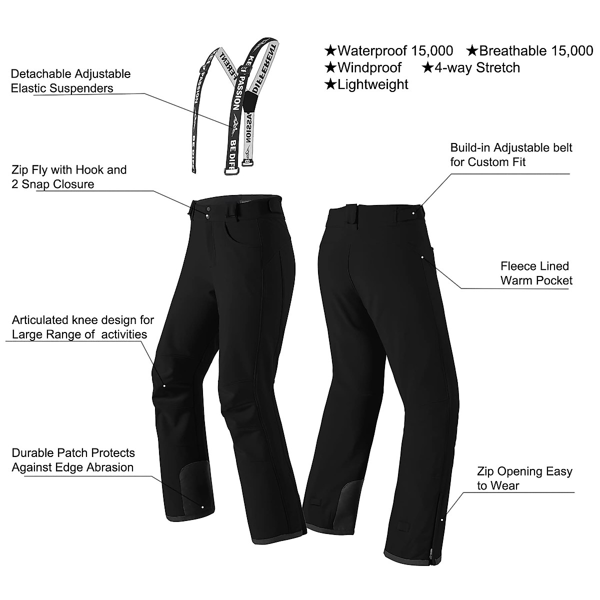 fit space Warm Ski Pants for Women Zip-Off Suspenders Winter Snow Bibs Waterproof Breathable Stretch (Large, Black)