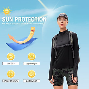 Long Sleeve Workout Shirts for Women Quick Dry Running Shirts Women Thumb Holes Hiking Ski Base Layer Women Compression Half Zip Pullover Women Athletic Tops High Wicking Lightweight 12521 Black 2XL