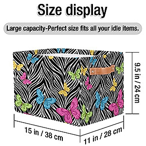 Large Collapsible Storage Bins ,Butterfly Zebra Pattern Decorative Canvas Fabric Storage Boxes Organizer with Handles，Rectangular Baskets Bin for Home Shelves Closet Nursery Gifts