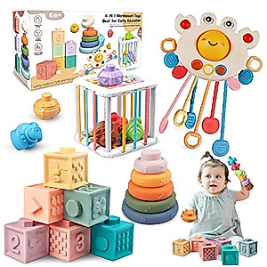 Plunack 4 in 1 Baby Toys 6 to 12-18 Months,Montessori Toys for Babies,Pull String Baby Teether, Stacking Building Blocks Infant Bath Toys,Color Shape Bin Sensory Toys for Toddlers 1-3 Boys Girls Gifts