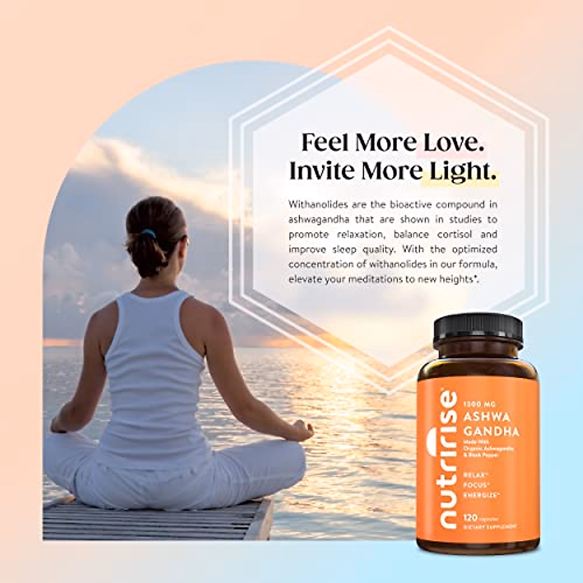 NutriRise Organic Ashwagandha Root Capsules with Black Pepper, 1300mg, Natural Stress & Mood, Thyroid, and Immune Support Supplement, Nootropic for Focus & Energy, Gluten Free, 120 Count