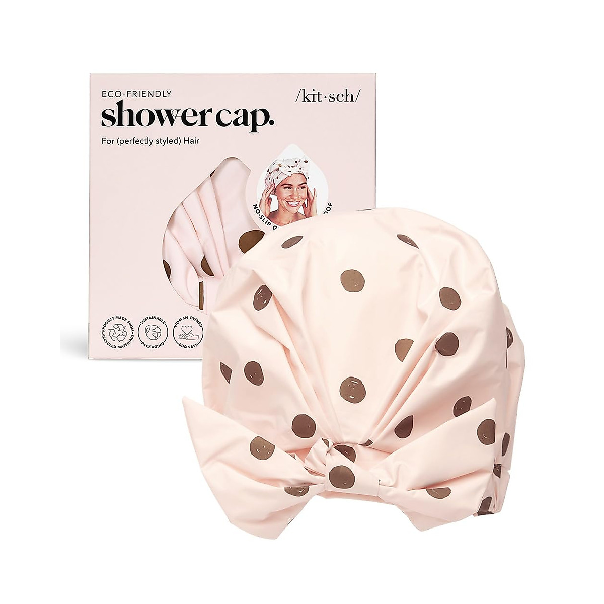 Kitsch Luxury Shower Caps for Women Reusable Waterproof - Large Shower Cap for Women and Men, Non-slip, Quick-dry Hair Cap for Long & Short Hair, Comfortable and Stylish Design - Blush Dot)