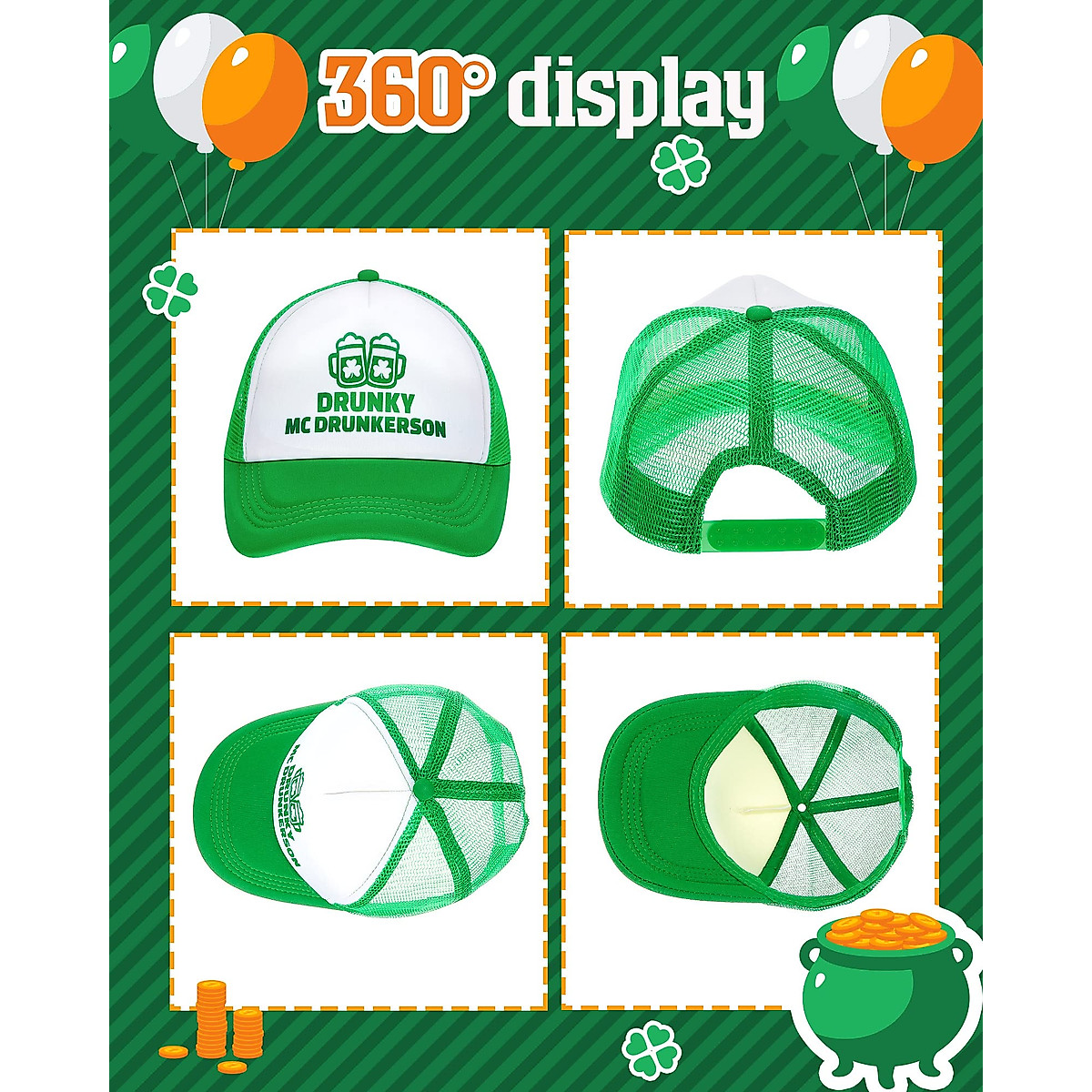 St. Patrick's Day Trucker Hat 2 Pieces Irish Green Mesh Cap Shamrock Hat Saint Patrick's Day Accessories Four-Leaf Clover Baseball Cap