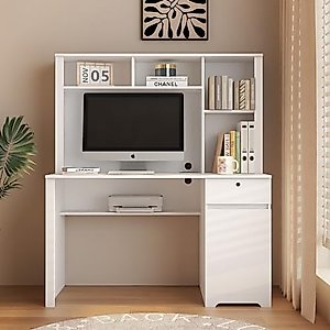 HESIEU Wooden Office Desk Computer Desk with Drawers and Cabinets Open Shelf Writing Desk Workstation Comes with 3 AC Outlets and 2 USB Charging Ports for Office Study Living Room