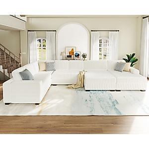 AMERLIFE 162Inch Oversized Sectional Sofa, U Shape Couch with Corner Seat, Corner Sofa with Right Facing Oversized Double Chaise, Large Sofa for Living Room, White Corduroy