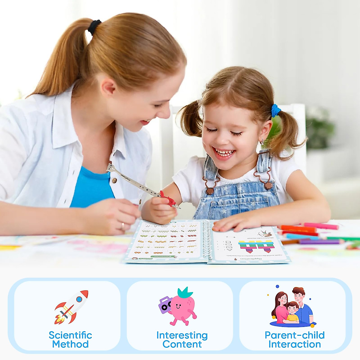 ASIGN Magic Ink Copybooks for Kids Reusable Handwriting Workbooks for Preschools Grooves Template Design and Handwriting Aid (ENLARGED-Version 4books+Pens)