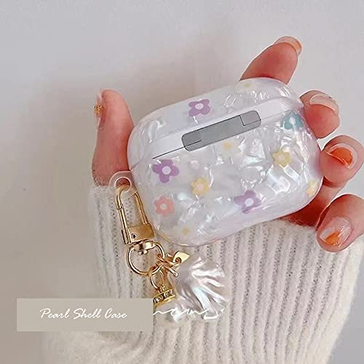 PHOEACC Cute Airpod Pro 2019 Case (NOT for Airpod 3rd 2021) Flower with Shell Pearl Keychain White Marble Soft TPU Protective Cover Compatible with AirPods Pro Case for Girls Teens Women (Floral)