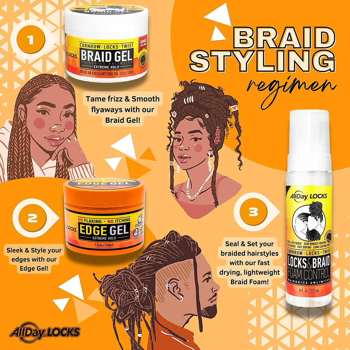 AllDay Locks Braid Foam | Long Lasting Mousse for Style & Shine | No Frizz or Fraying | Moisturizes & Seals Braids, Locks, Twists, Cornrows | 8 oz