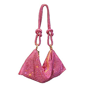 MSUIINT Rhinestone Purses for Women, Chic Sparkly Evening Handbag Bling Hobo Bag Shiny Silver Clutch for Party Wedding, Rose