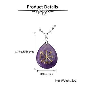 Jovivi Silver Plated Viking Compass Vegvisir Amethyst Crystal Necklace Teardrop Healing Stone Gemstone Chakra Pendant with 24" Necklace