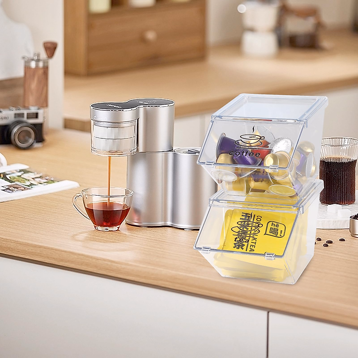 Yomjarl Tea Bag Storage 2 Pack Clear Plastic Tea Display Box Stackable Tea-Bag Holder Organiser Coffee Bar Organiser for Tea Bags,Sugar,Coffee Pods Storage for Kitchen Countertops Cabinets Pantry