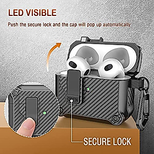 R-fun Airpods 3rd Generation Case with Automatic Secure Lock Clip, Armor Protective Hard TPU Case Cover for Apple Airpods 3 2021 Charging Case with Carbon Fiber Keychain-Black