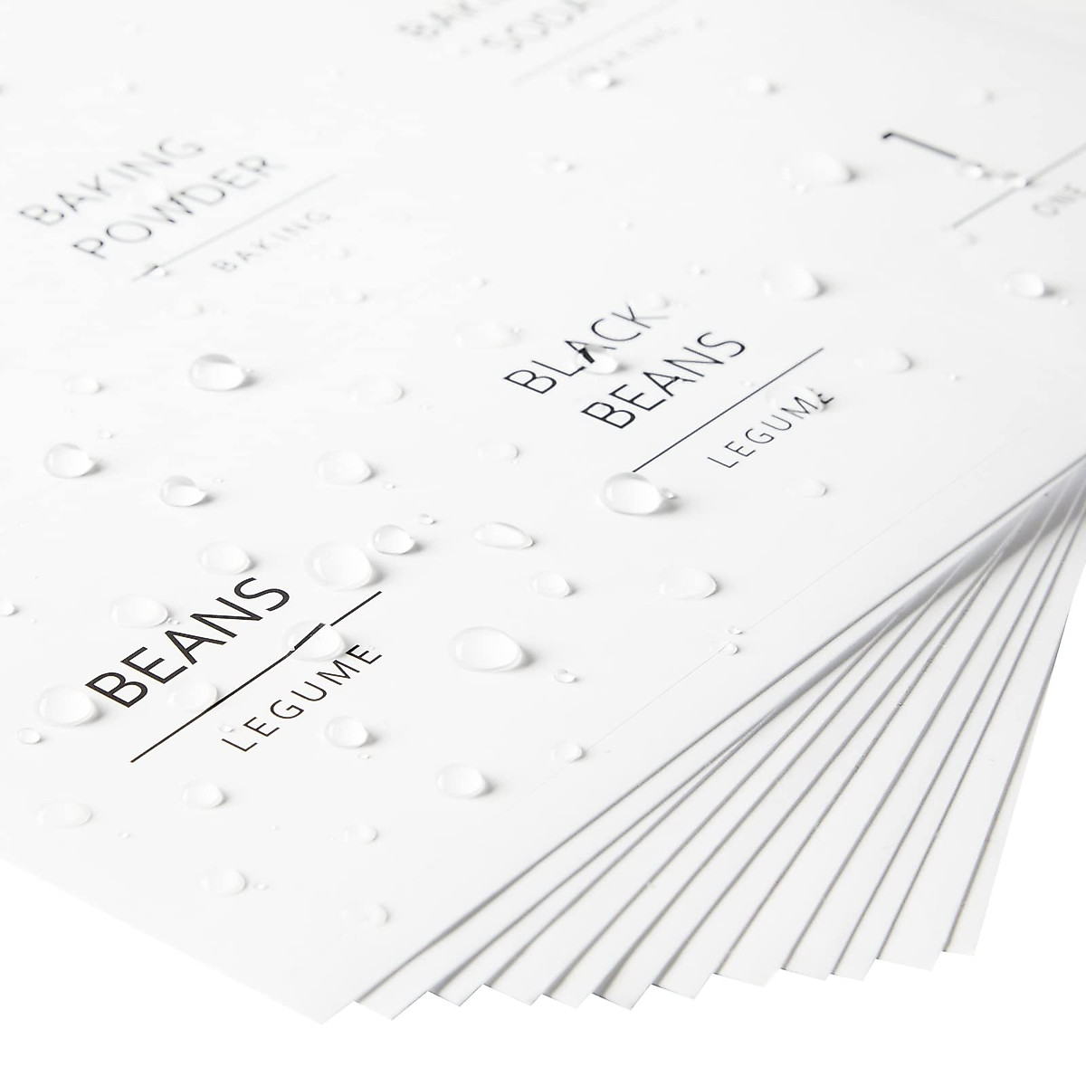 Talented Kitchen 144 Fine Line Pantry Organization Labels for Food Storage Containers, Preprinted Black All Caps on Matte White Vinyl Stickers + Numbers for Minimalist Kitchen (Water Resistant)