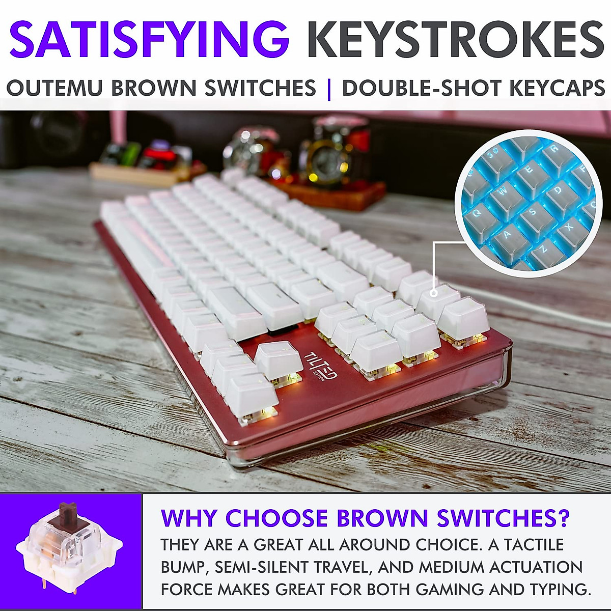 Tilted Nation Pink Mechanical Keyboard TKL - Acrylic Housing, Aluminum Plate, 87 Crystal Keys - USB Wired Tenkeyless Keyboard with Brown Switches (Outemu) - Work and Play - TKL Gaming Keyboard RGB