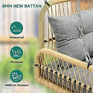 YITAHOME Hanging Porch Swing Rattan Patio Swing Lounge Swing Chair Hammock Chair Cushions 550lbs for Garden, Patio, Balcony, Living Room, Gray