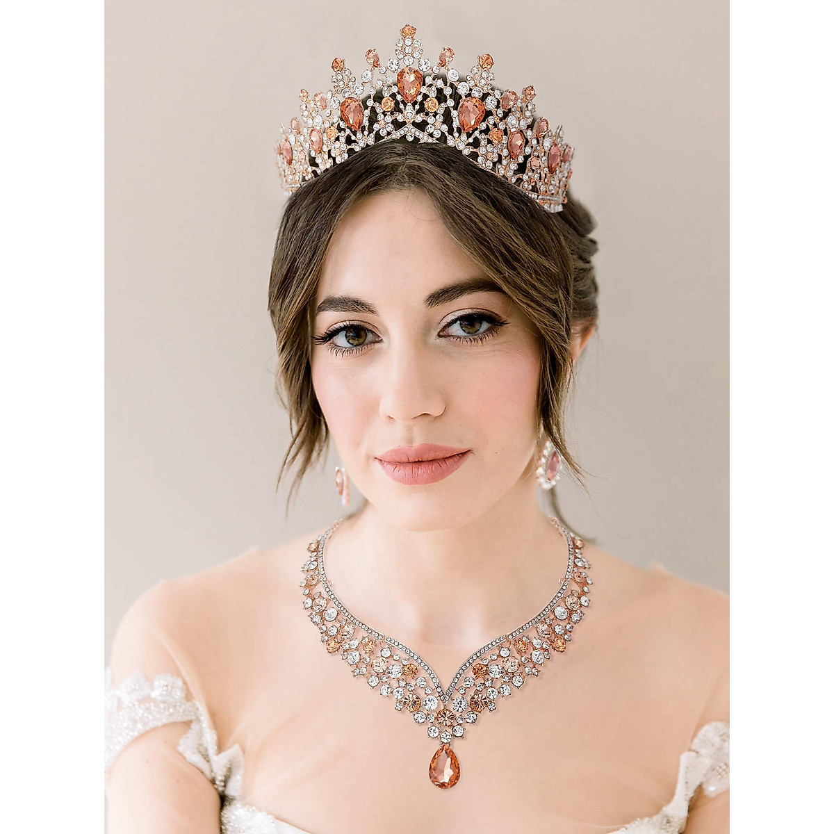 SWEETV Rose Gold Wedding Crown for Bride, 3-pack Tiara Earrings Necklace, Queen Crown Jewelry Set, Crystal Costume Party Birthday Prom Pageant Jewelry for Women,Genesis