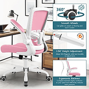 MINLOVE Office Chair Ergonomic Desk Chair with Adjustable Lumbar Support and Height, 90° Flip-up Armrests, Ergo Desk Chairs with Wheels, Home Work Use (Pink)