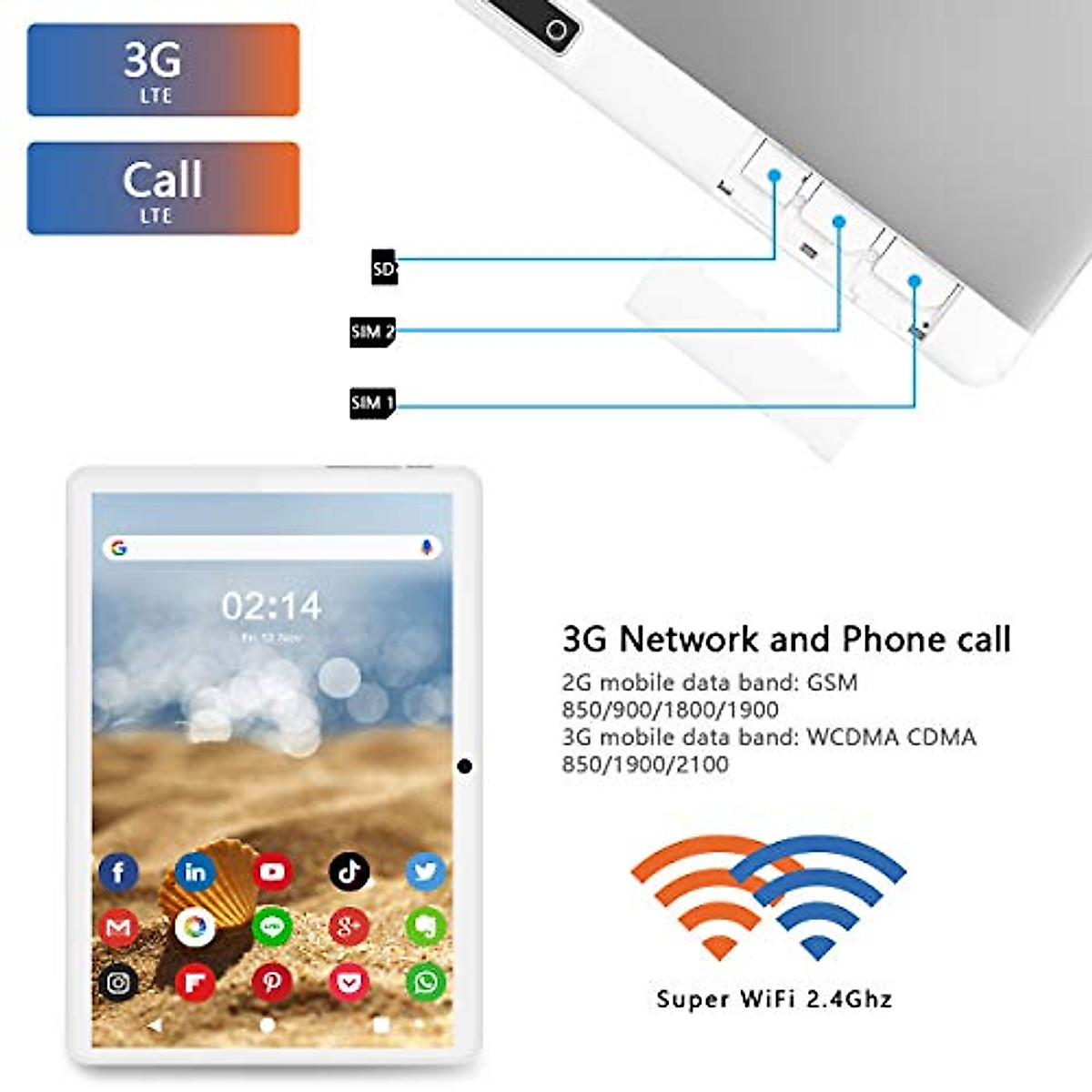 ZONKO Tablet 10.1 inch Android Tablet with 2GB+32GB+256GB Expand, 3G Phone Tablets & Dual Sim Card & 2MP+ 5MP Dual Camera, Quad Core Processor, 1280x800 IPS HD Display,GPS, FM (Silver)