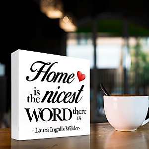 Home is the Nicest Word There is Wood Block Sign Desk Decor,Inspirational Family Quote Wooden Box Plaque Sign Desk Decor for Home Bedroom Living Room Shelf Table Decorations