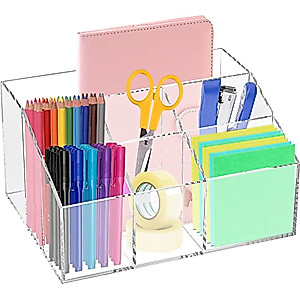 Dicunoy Acrylic Desk Organizer, Clear Stationary Pen Holder for School, 7 Compartments Pencils Storage Rack for Classroom, Artist, Student, Office, Craft Room Supplies Organization