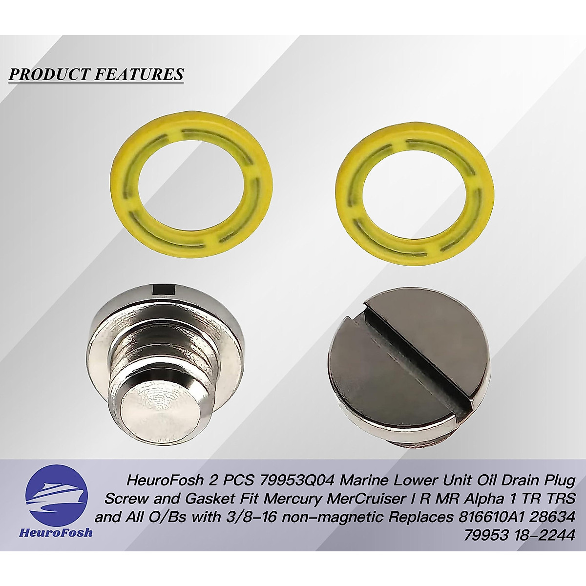 HeuroFosh 2 PCS 79953Q04 Marine Lower Unit Oil Drain Plug Screw and Gasket Fit Mercury MerCruiser I R MR Alpha 1 TR TRS and All O/Bs with 3/8-16 non-magnetic Replaces 816610A1 28634 79953 18-2244