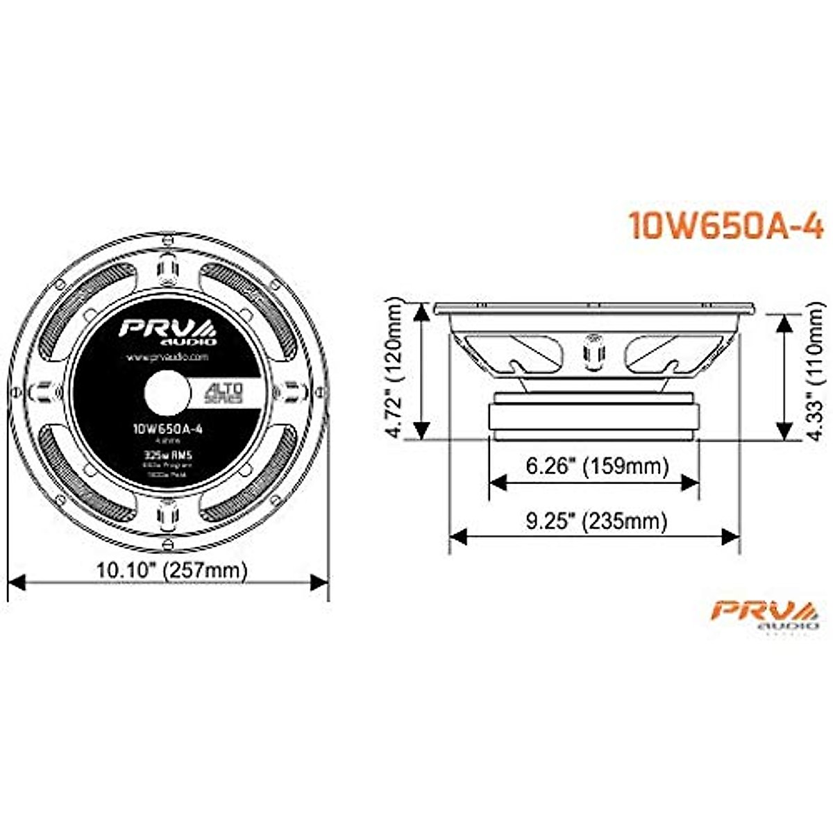PRV AUDIO 10 Inch Woofer 10W650A-4 650 Watts Program Power, 4 Ohm, 2.5 in Voice Coil, 325 Watts RMS Pro Audio Speaker (Single)