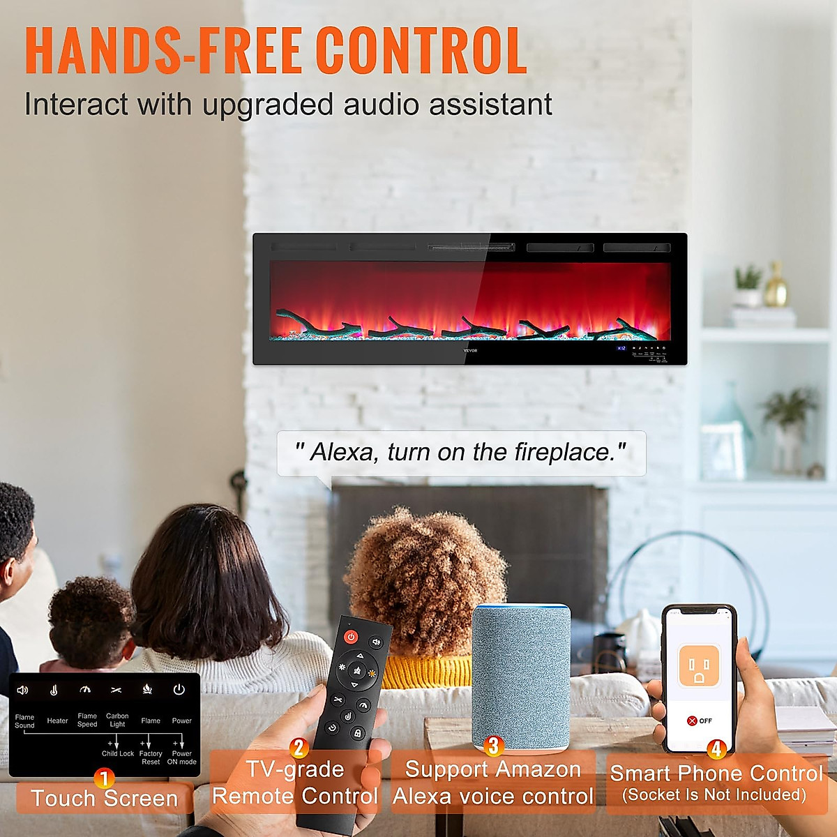 VEVOR Electric Fireplace, 60-inch Wall Mounted and Recessed Fireplace, Fit for 2 x 4 and 2 x 6 Stud, Adjustable Flame Colors and Speed with Remote Control & Timer, Compatible with Alexa, 1500 W, Black